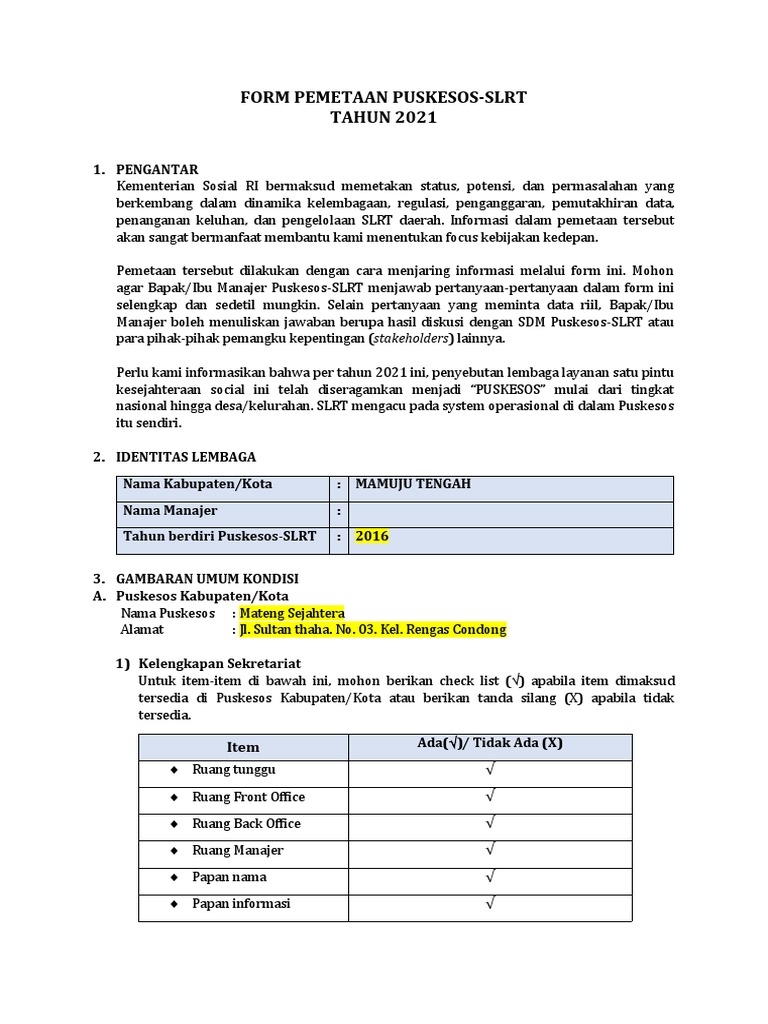 Form Pemetaan Puskesos Untuk Manajer 2021 | PDF