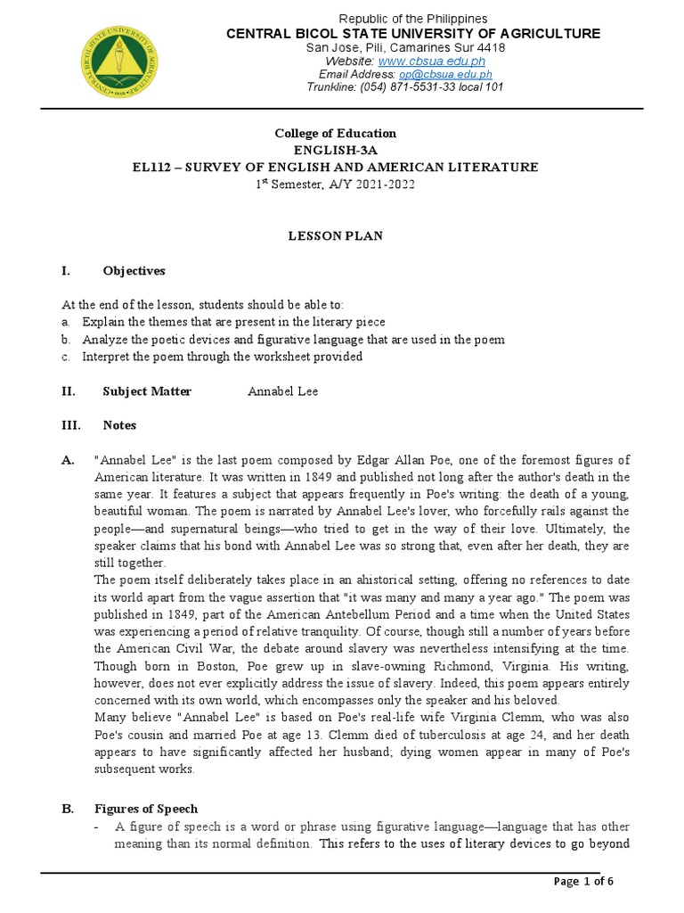Early National Period - Annabel Lee - Lesson Plan | PDF | Edgar Allan Poe