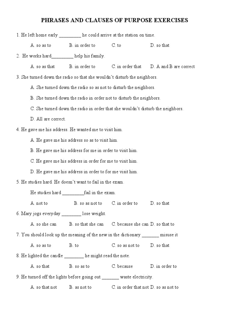 Purpose Clauses Exercises and Answers | PDF