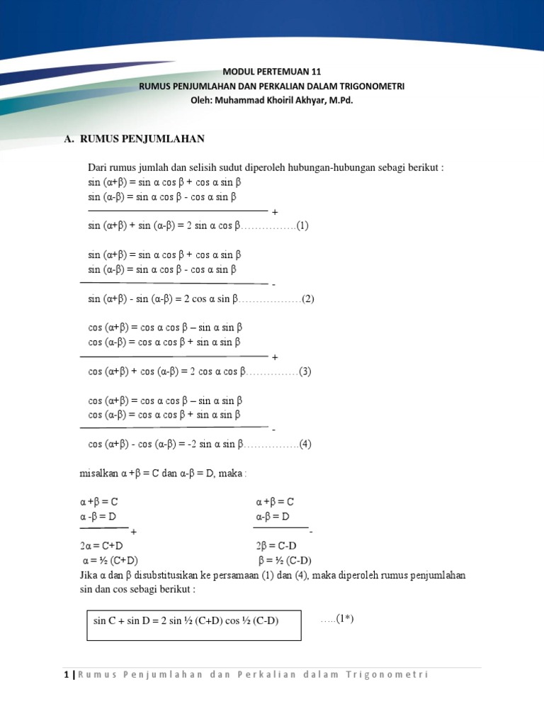 MODUL PERTEMUAN 11 Rumus Penjumlahan Dan Perkalian Dalam Trigonometri | PDF