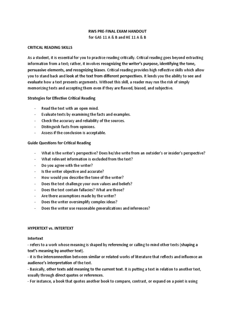 Critical Reading Skills Handout | PDF | Fallacy | Intertextuality