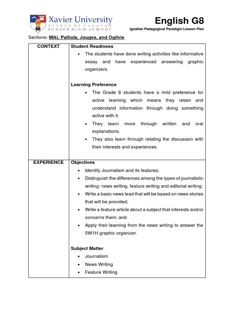Grade 8 Journalism Lesson Plan | PDF | Lesson Plan | News