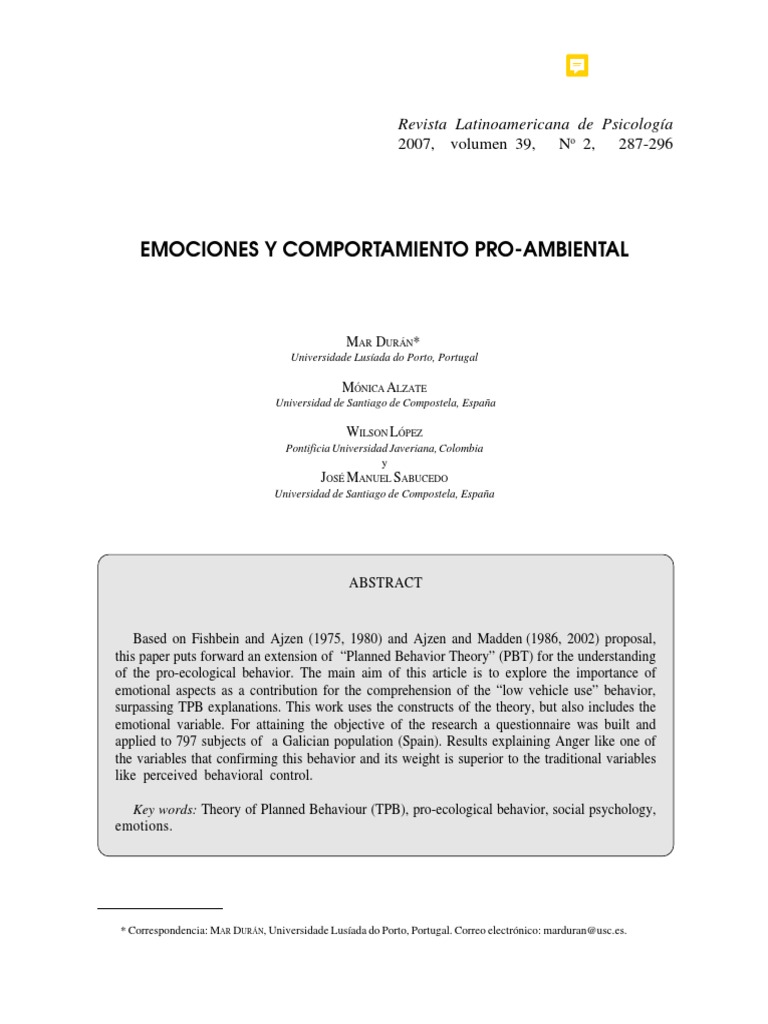 Emociones Y Comportamiento Pro Ambiental Pdf Las Emociones