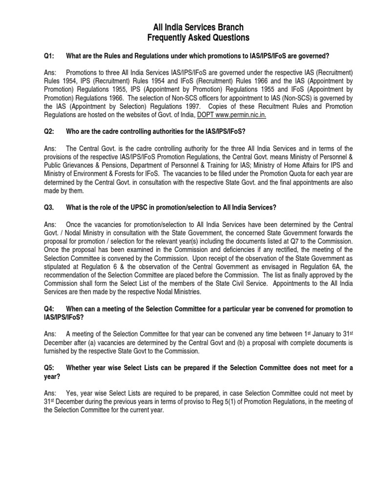 All India Services Branch Frequently Asked Questions: ST ST | PDF ...