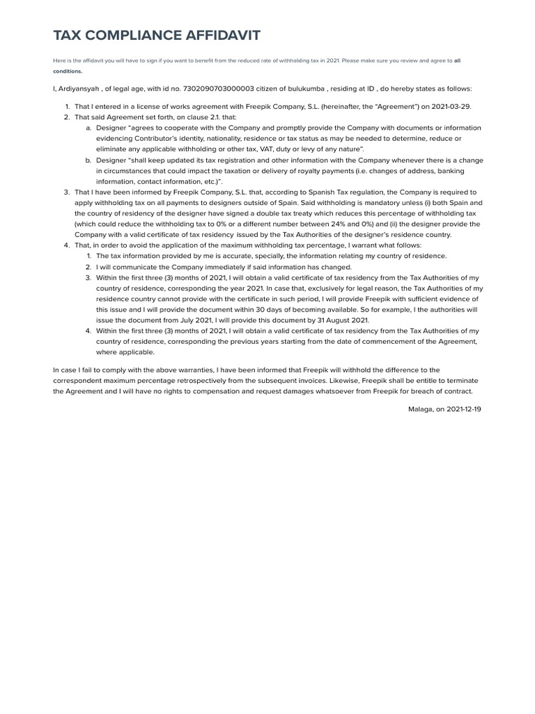 Tax Compliance Affidavit | PDF | Taxes | Common Law