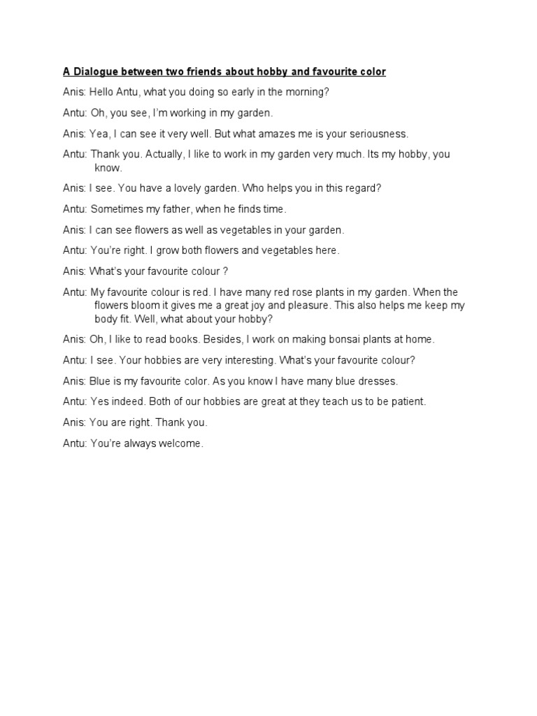 A Dialogue Between Two Friends About Hobby and Favourite Color | PDF ...