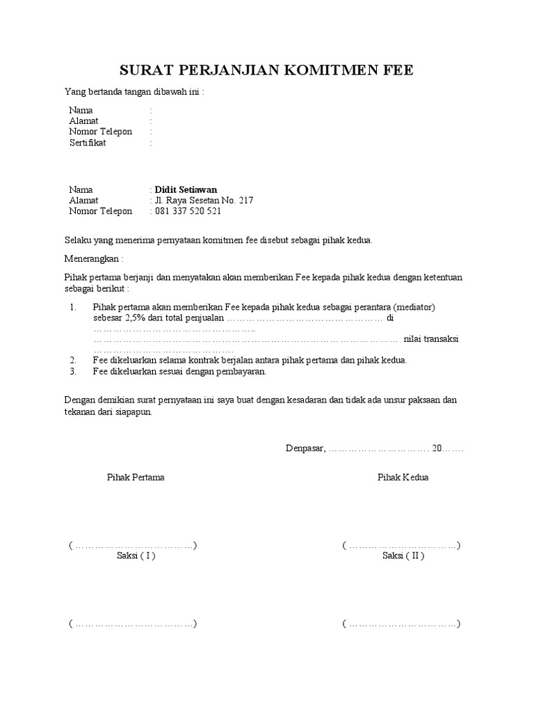 Surat Perjanjian Komitmen Fee | PDF