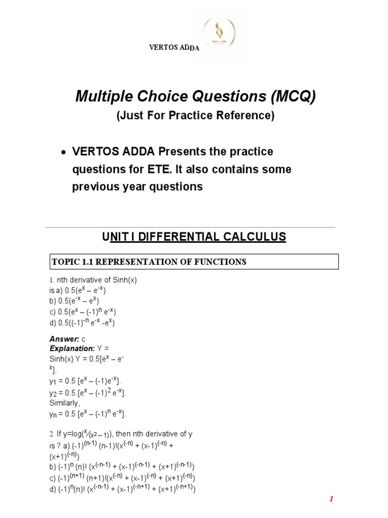Multiple Choice Questions (MCQ) | PDF | Maxima And Minima | Sine