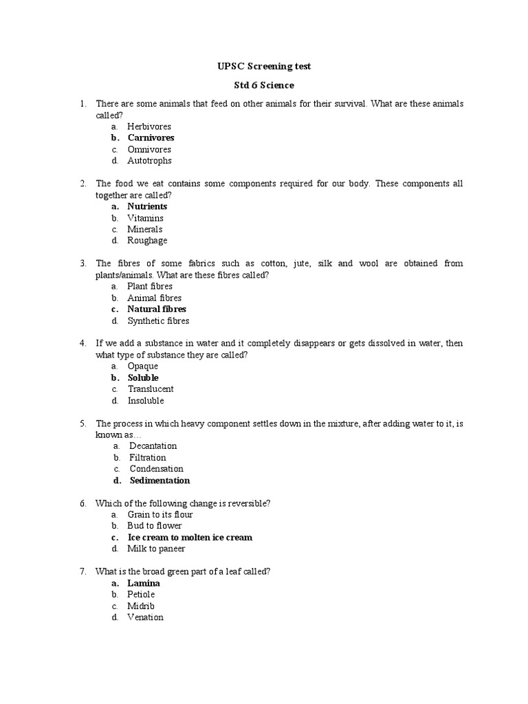 Std 6 Science Test Questions | PDF | Diet & Nutrition | Dietary Fiber