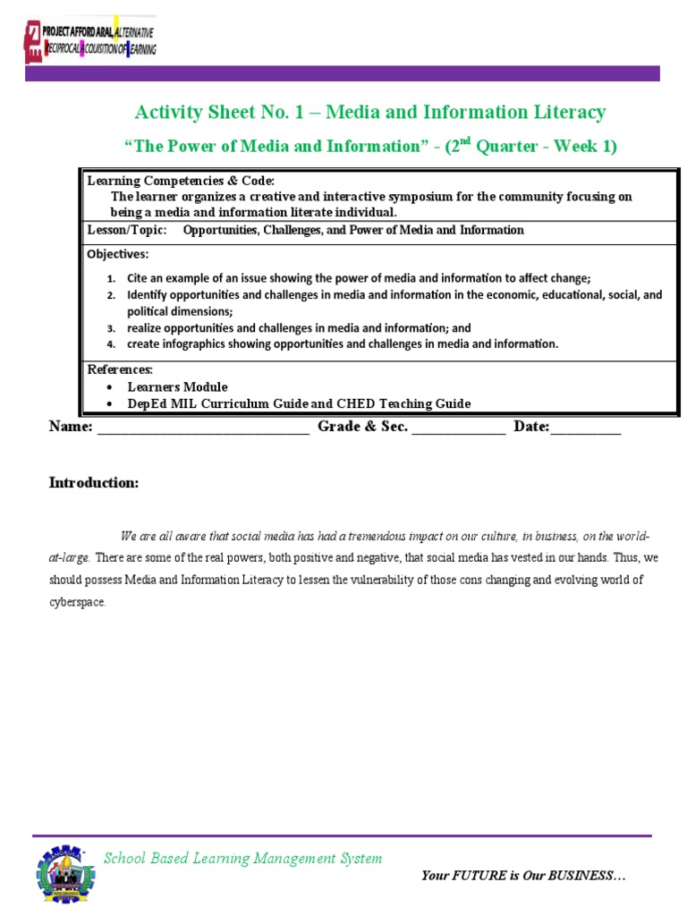 Activity Sheet No. 1 - Media and Information Literacy | PDF | Learning ...