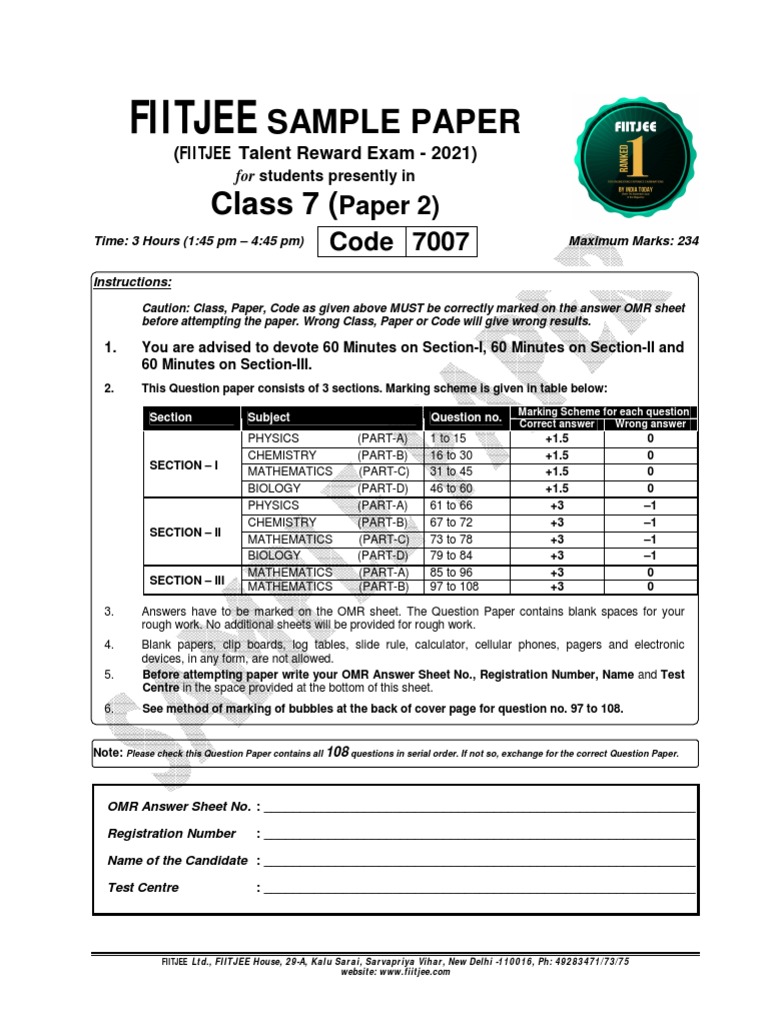 Fiitjee: Sample Paper | PDF | Electric Current | Photosynthesis
