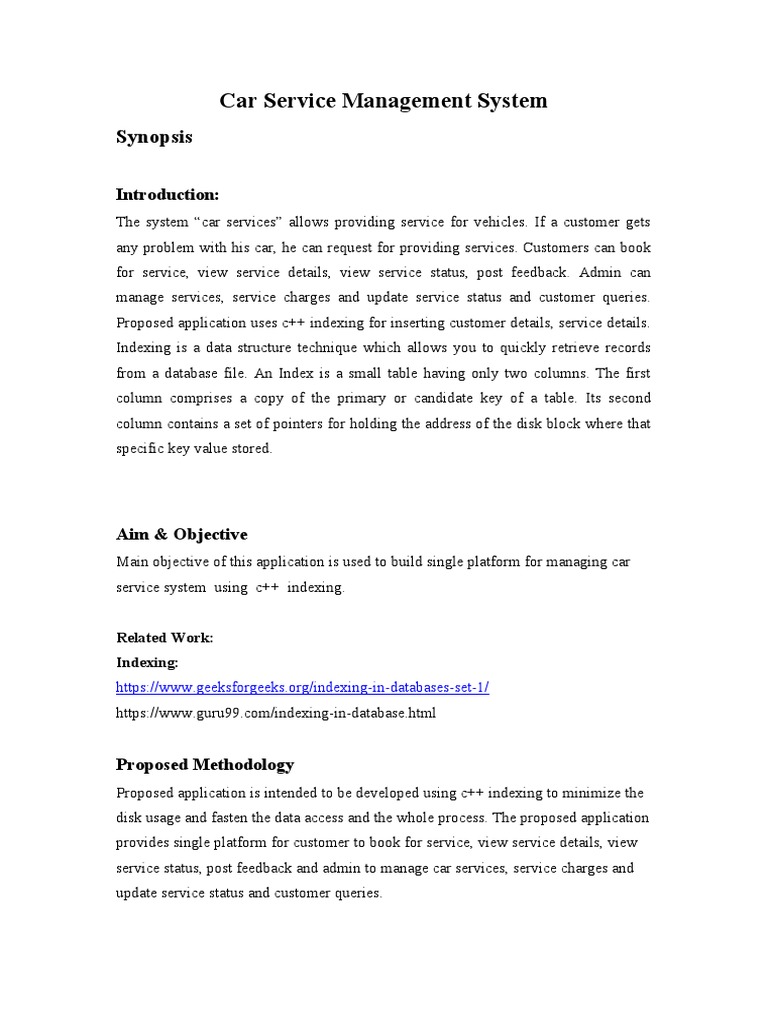 Car Service Management System: Synopsis | PDF | Database Index | C++