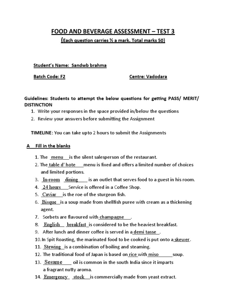 Food and Beverage Assessment Test | PDF | Sauce | Menu