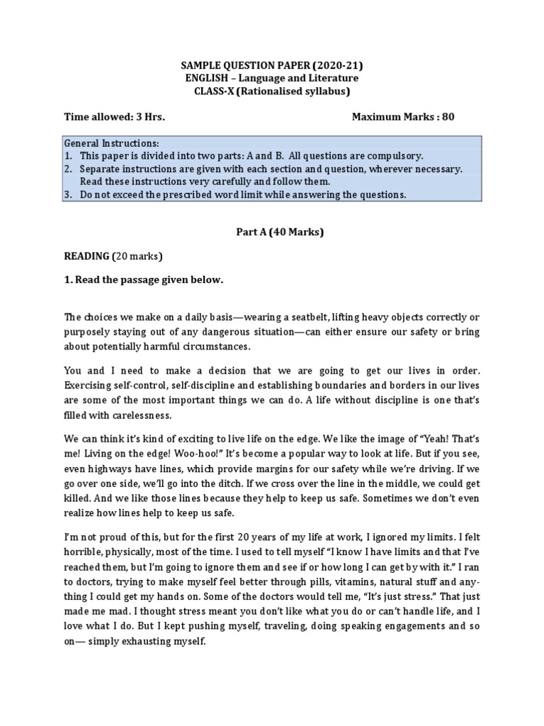 Sample Question Paper (2020-21) English - Language and Literature CLASS ...