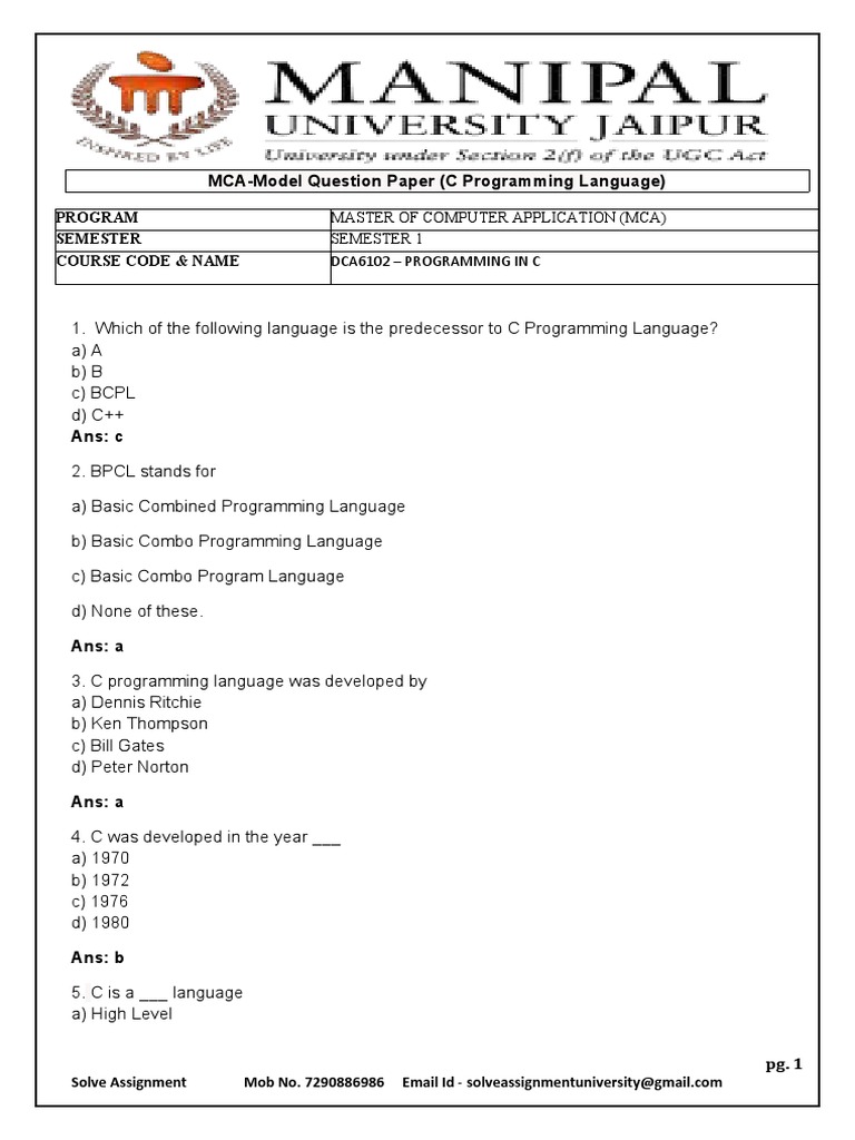 6102 C Language Mca Mcq Pdf Pointer Computer Programming C 2441