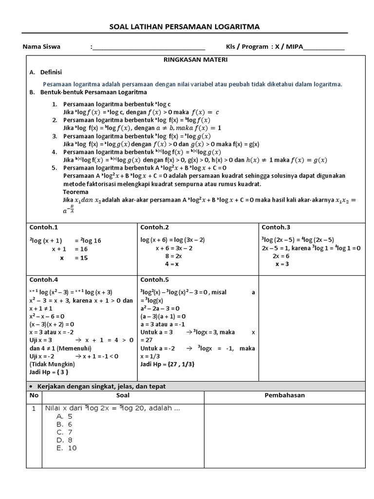 Bahan Latihan Soal Persamaan Logaritma | PDF