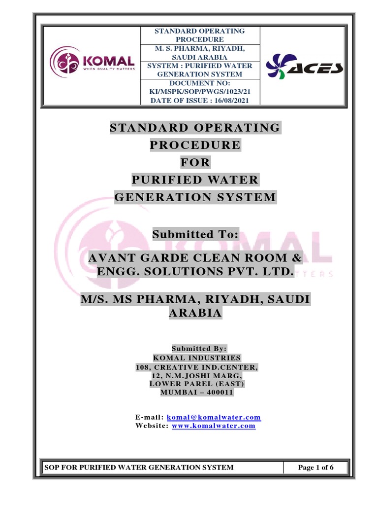 Standard Operating Procedure for Purified Water Generation System at M ...