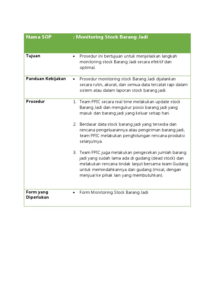 Prosedur Monitoring Stock Barang Jadi | PDF