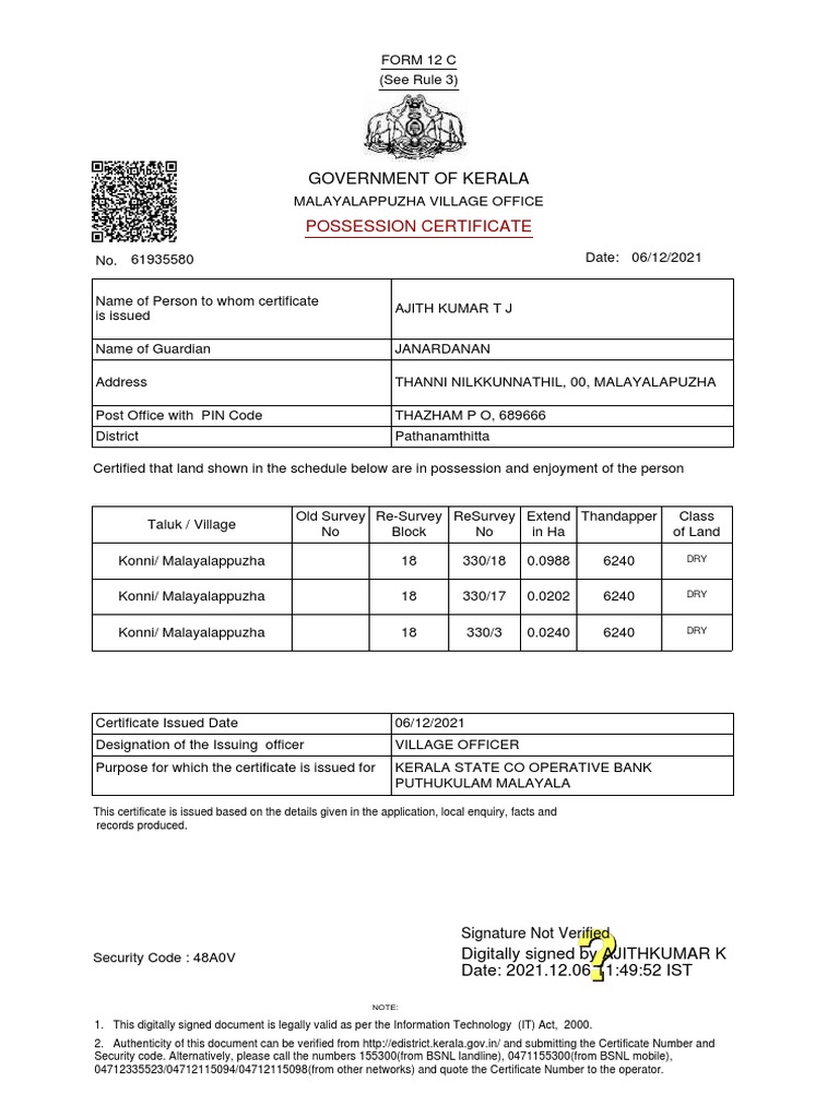 Government of Kerala: Possession Certificate | PDF | Security ...