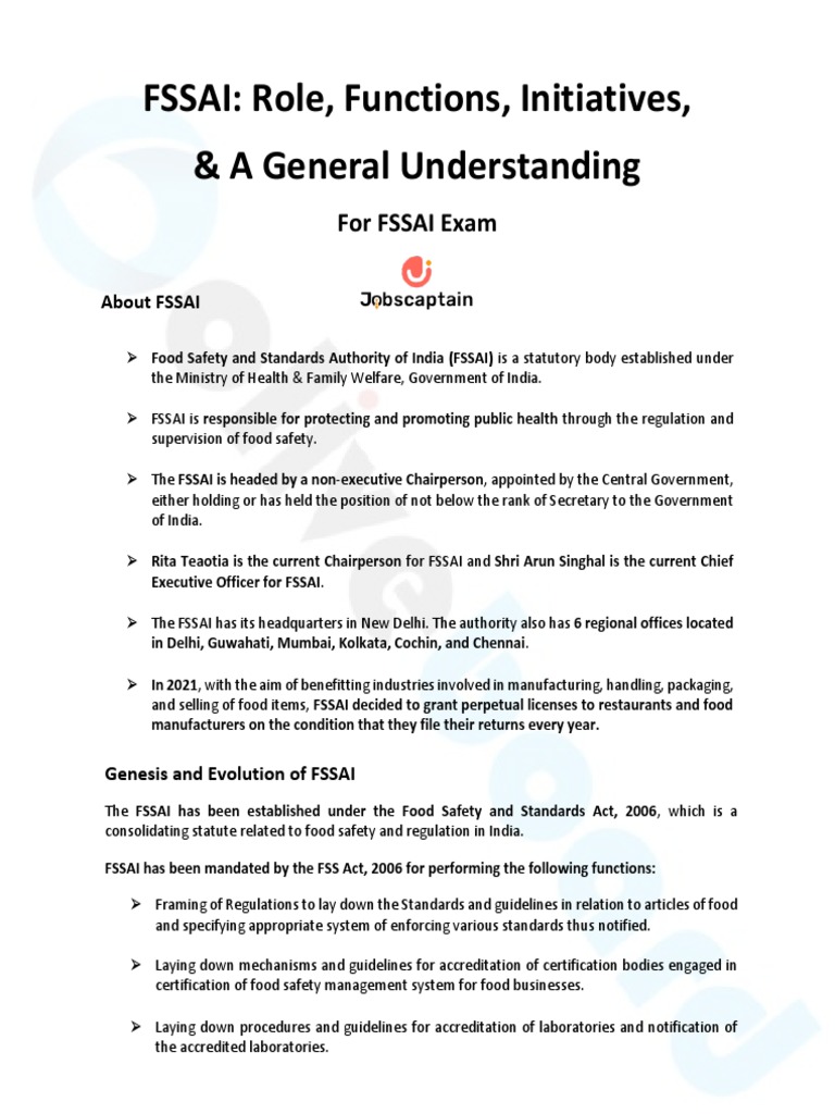 FSSAI: Role, Functions, Initiatives, & A General Understanding | PDF ...