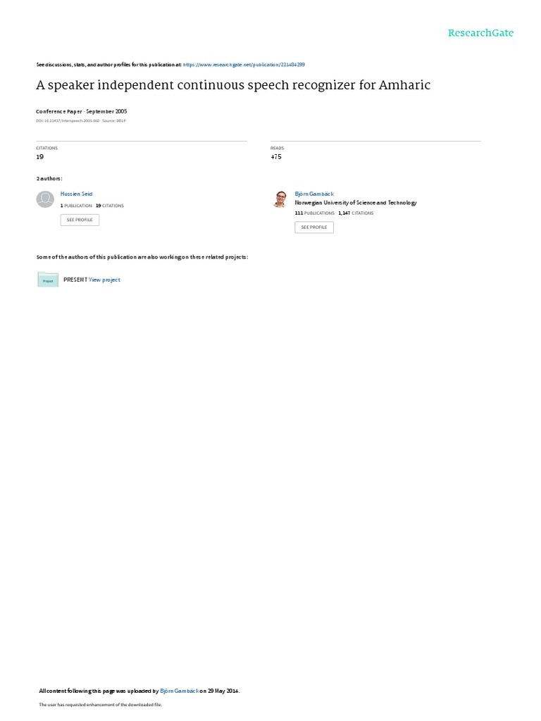 A Speaker Independent Continuous Speech Recognizer For Amharic | PDF | Speech Recognition ...