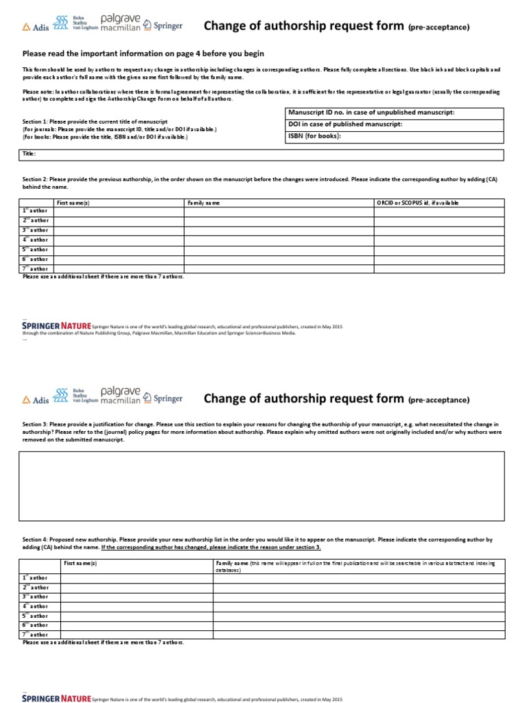 Change of Authorship Request Form: (Pre-Acceptance) Please Read The ...