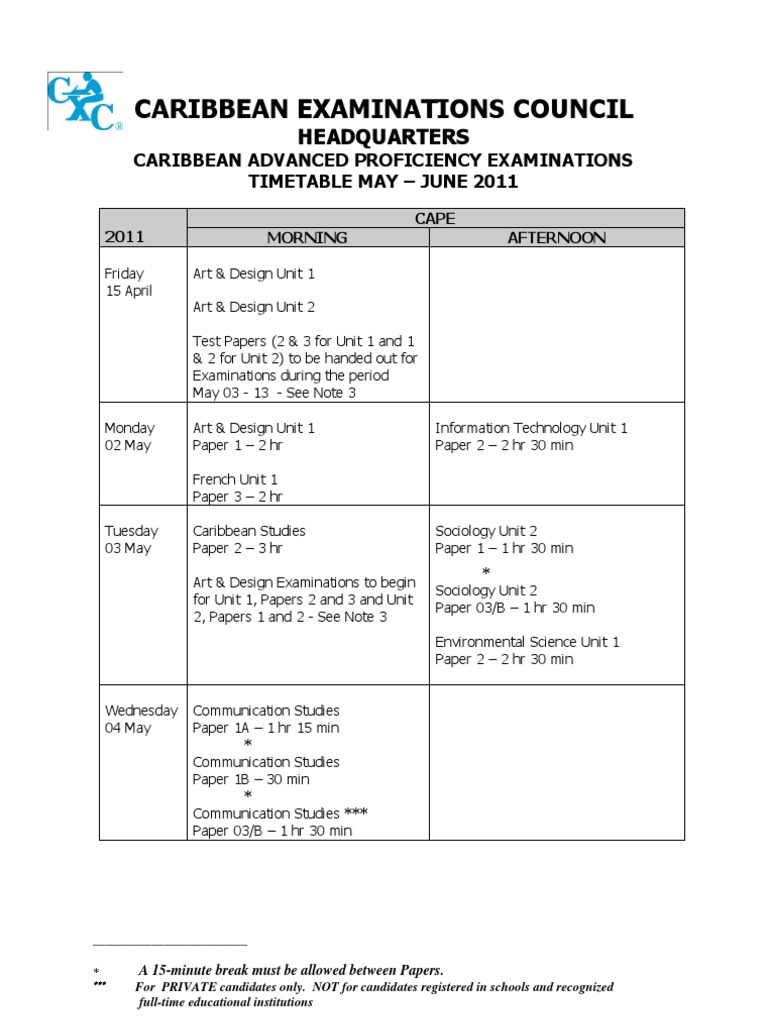 Timetable CAPE May-June 2011 Final 3 January 2011 | PDF