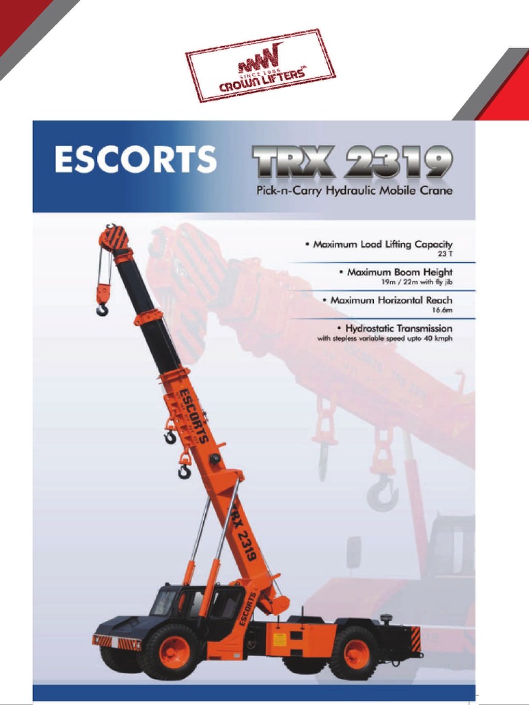 Escorts TRX 2319 Rough Terrain Tyre Mounted 23 MT Crane | PDF