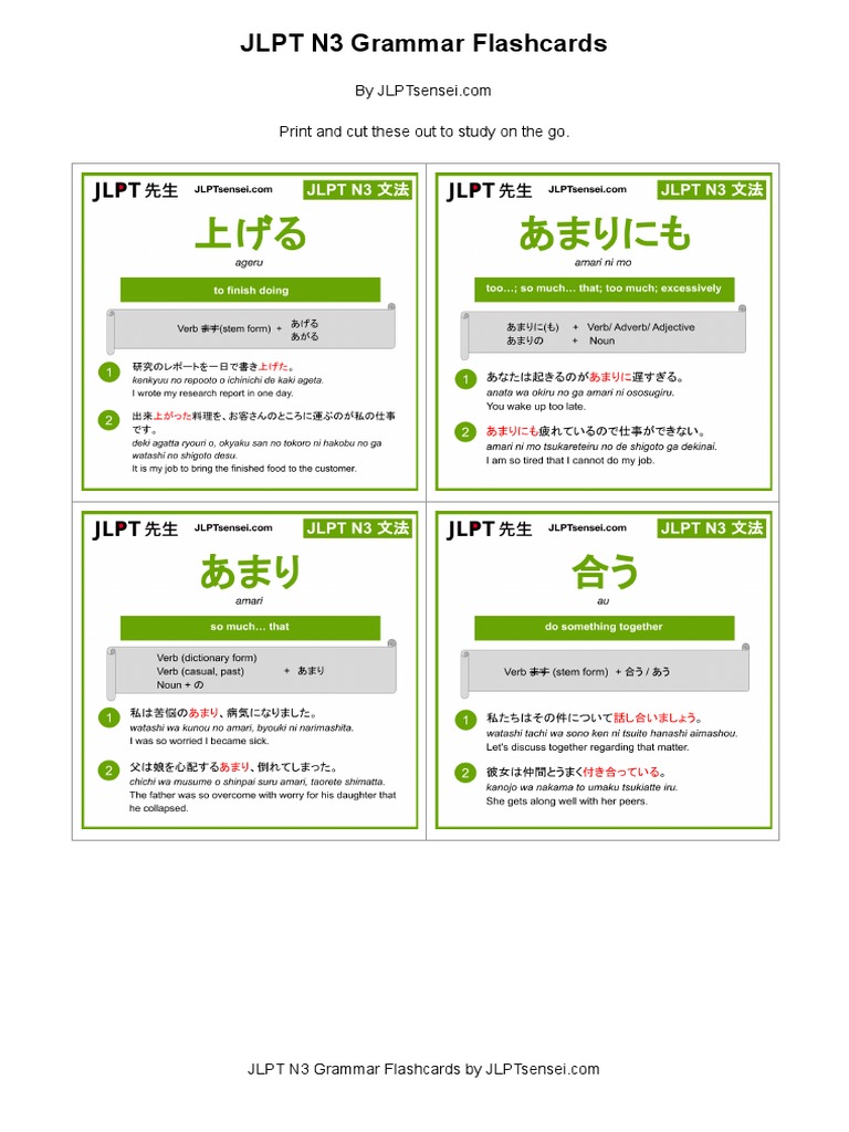 JLPT N3 Grammar List Flashcards (Printable Set) | PDF