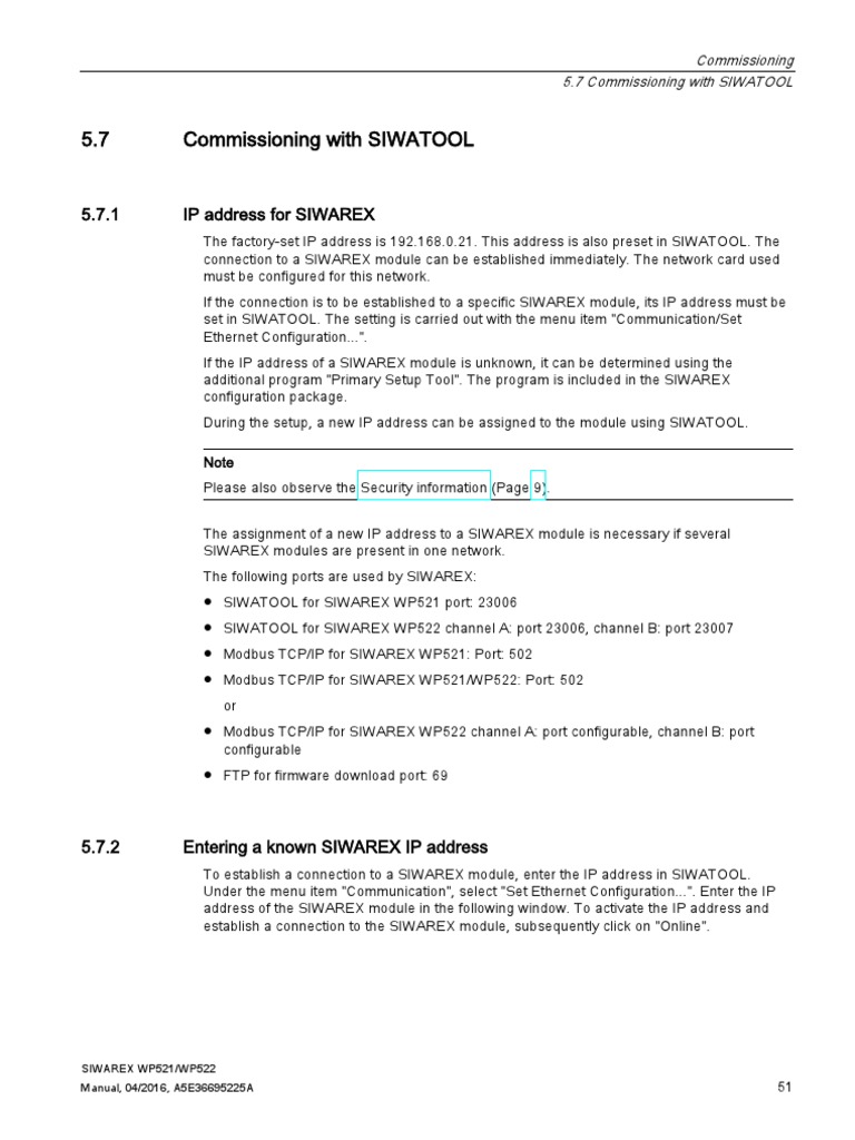 5.7 Commissioning With SIWATOOL: 5.7.1 IP Address For SIWAREX | PDF ...