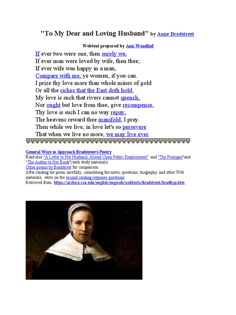 Lit. 1 - To My Dear and Loving Husband - Anne Bradstreet - Metaphysical ...