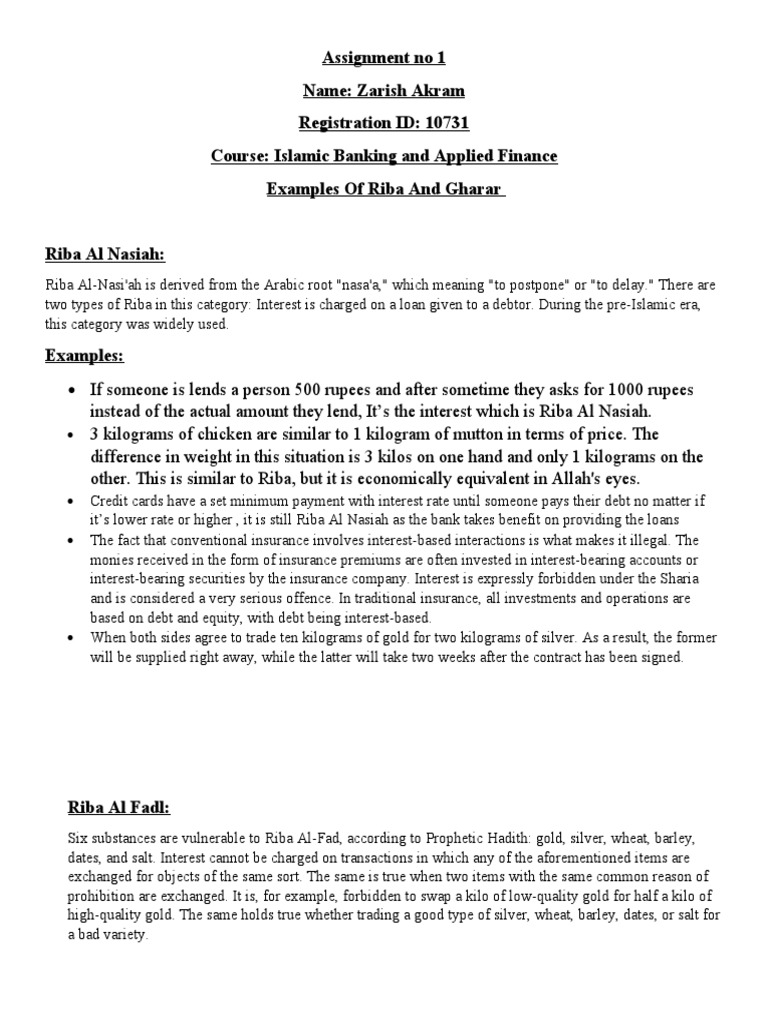 Assignment No 1 Name: Zarish Akram Registration ID: 10731 Course: Islamic Banking and Applied ...