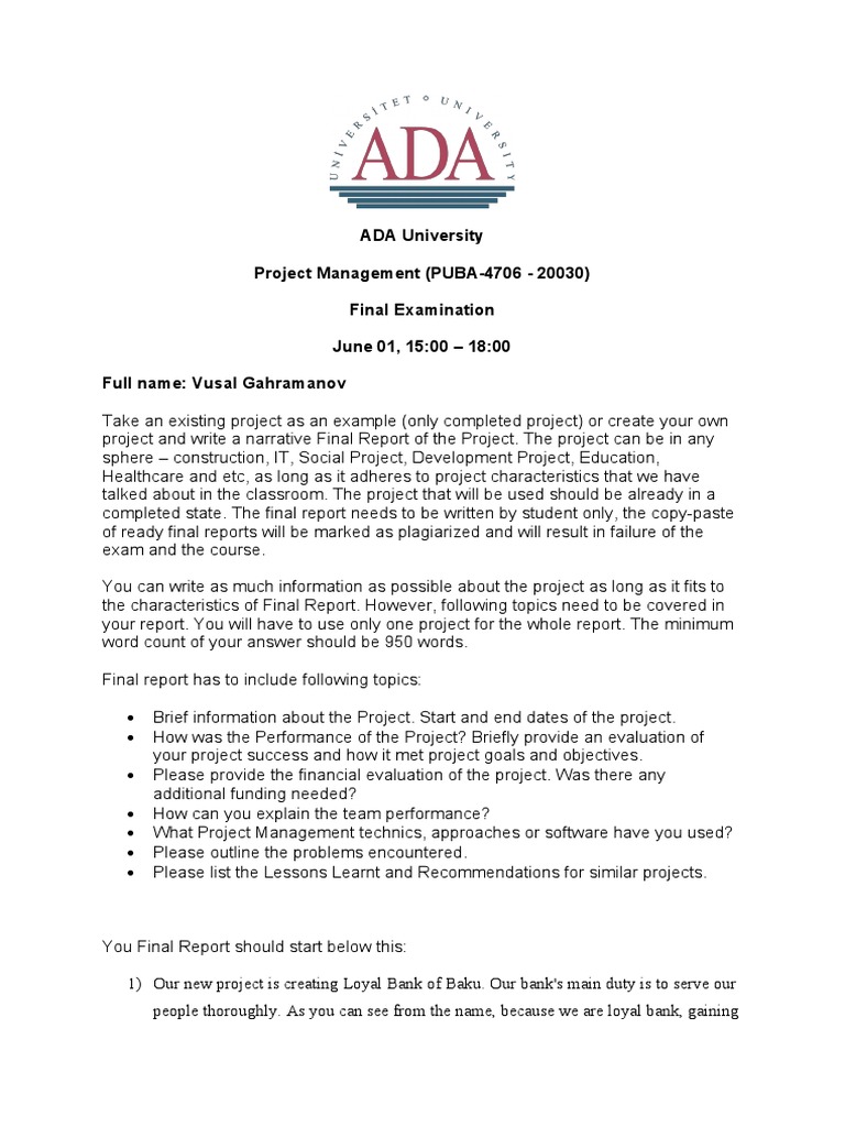 Final Exam (Project Management) | PDF | Banks | Goal