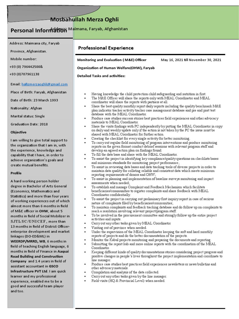 M&E Officer resume highlights experience | PDF