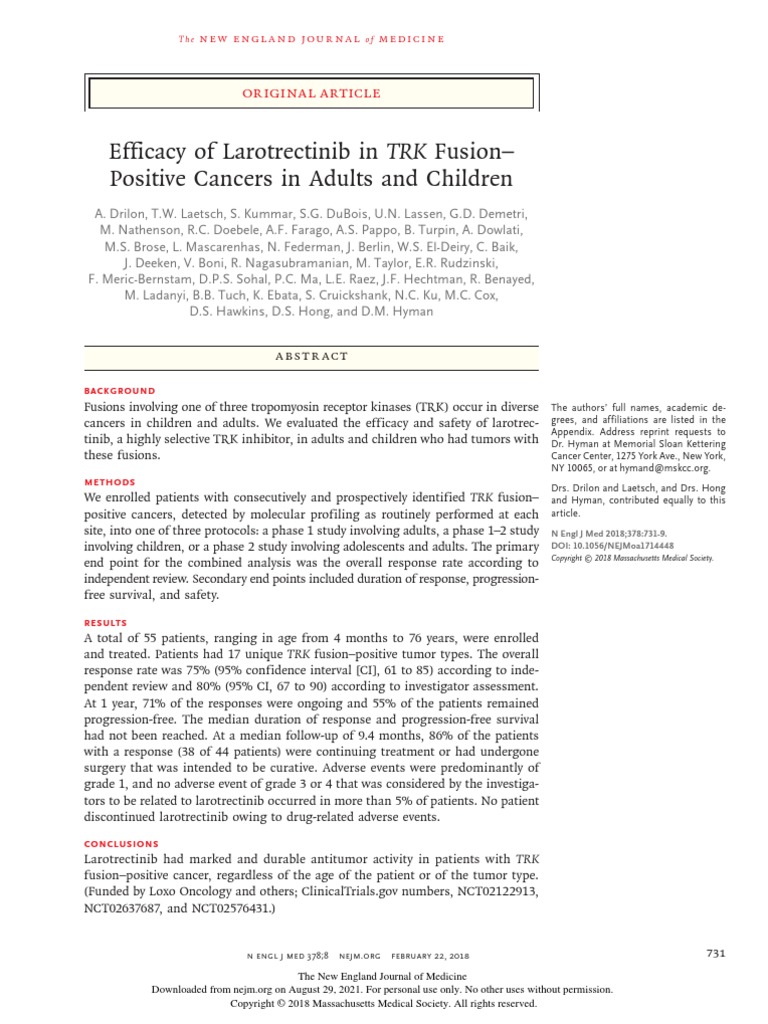 Efficacy of Larotrectinib in TRK Fusion - Positive Cancers in Adults ...