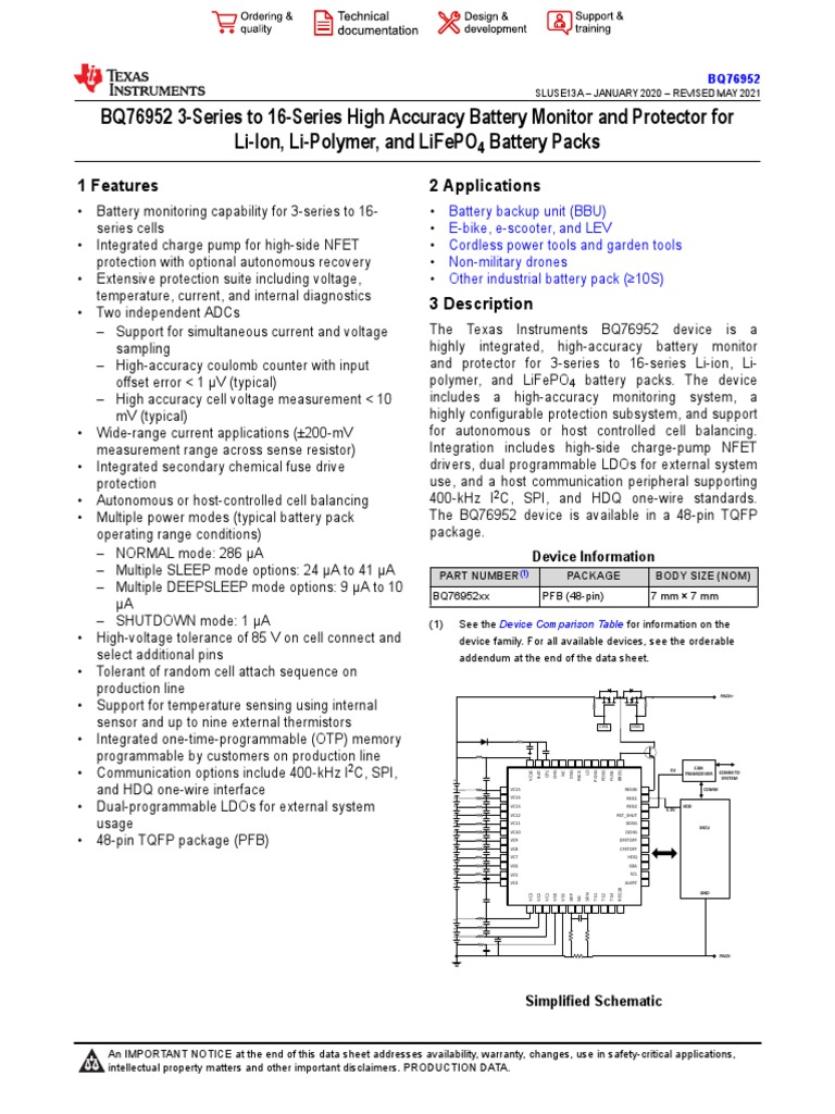 Bq76952 3-Series To 16-Series High Accuracy Battery Monitor and ...
