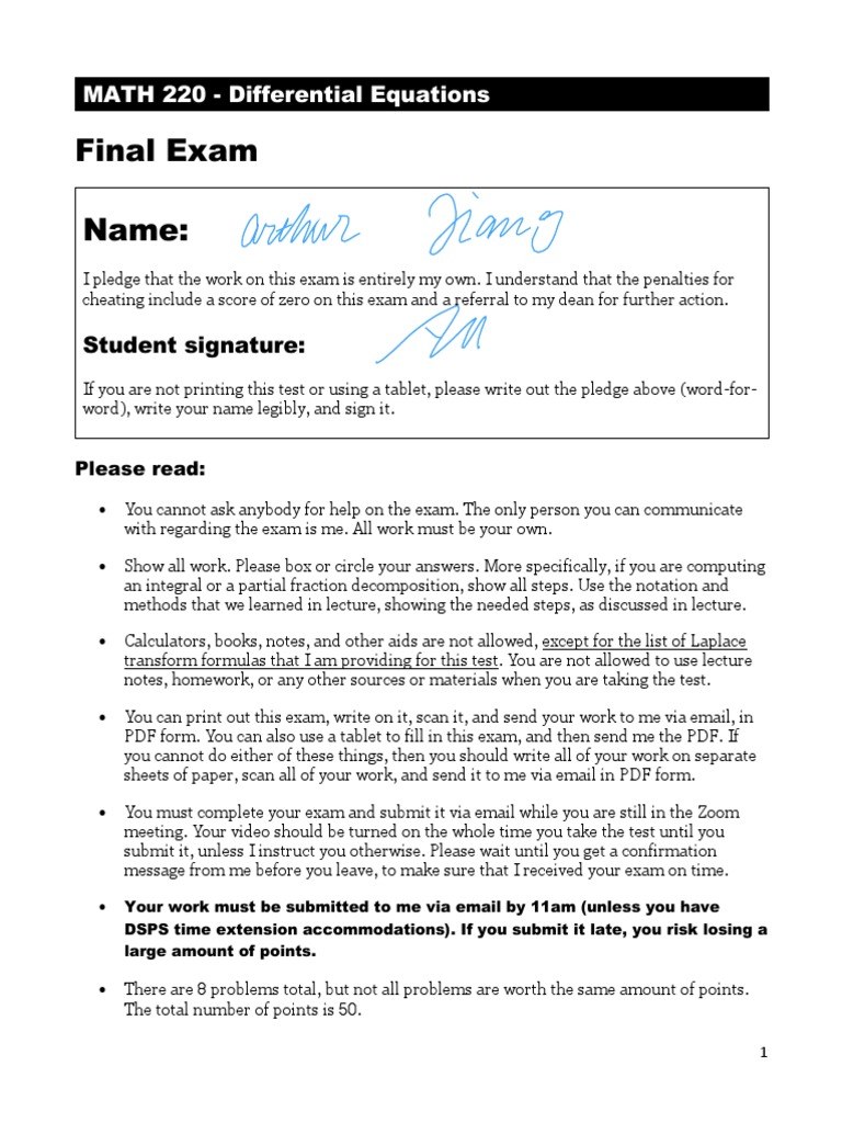 Final Exam Name:: MATH 220 - Differential Equations | PDF | Test ...