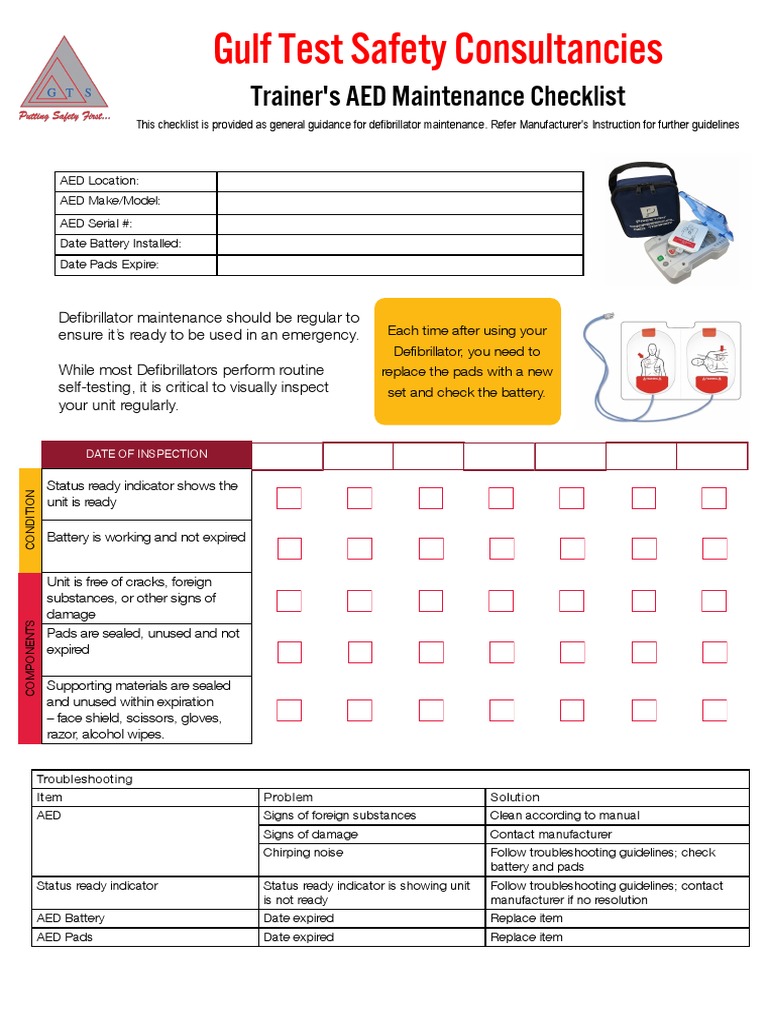 Gulf Test Safety Consultancies: Trainer's AED Maintenance Checklist ...