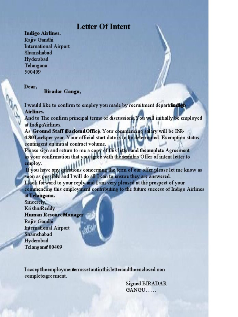 Letter of Intent for Employment as Ground Staff at Indigo Airlines with ...