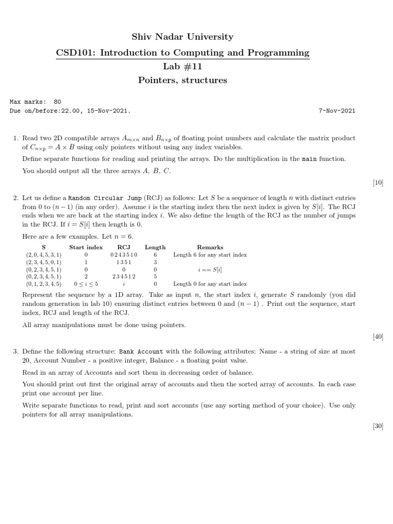 Shiv Nadar University CSD101: Introduction To Computing and Programming Lab #11 Pointers ...