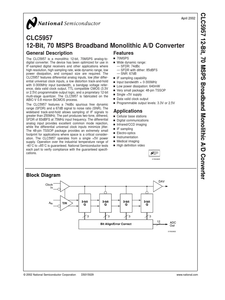 CLC5957 12-Bit, 70 MSPS Broadband Monolithic A/D Converter: General Description Features | PDF ...