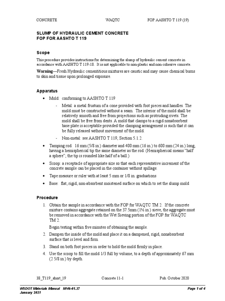 Slump of Hydraulic Cement Concrete Fop For Aashto T 119 Scope ...