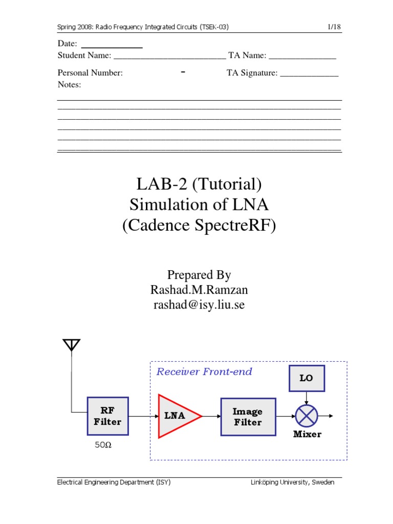 Lab-2 (Tutorial) Simulation of Lna (Cadence Spectrerf) : Prepared by ...