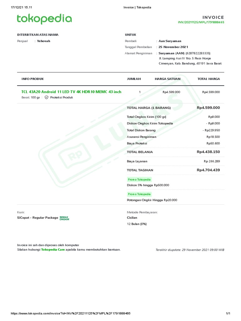 Invoice - Tokopedia 17 | PDF