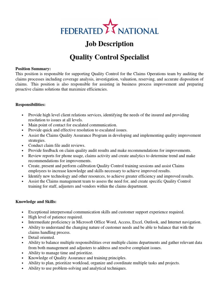 Job Description Quality Control Specialist: Position Summary | PDF ...
