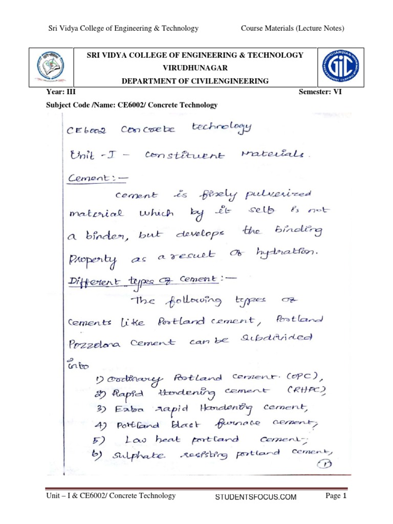 SSC Je Concrete Technology Notes | PDF | Engineering | Science And ...