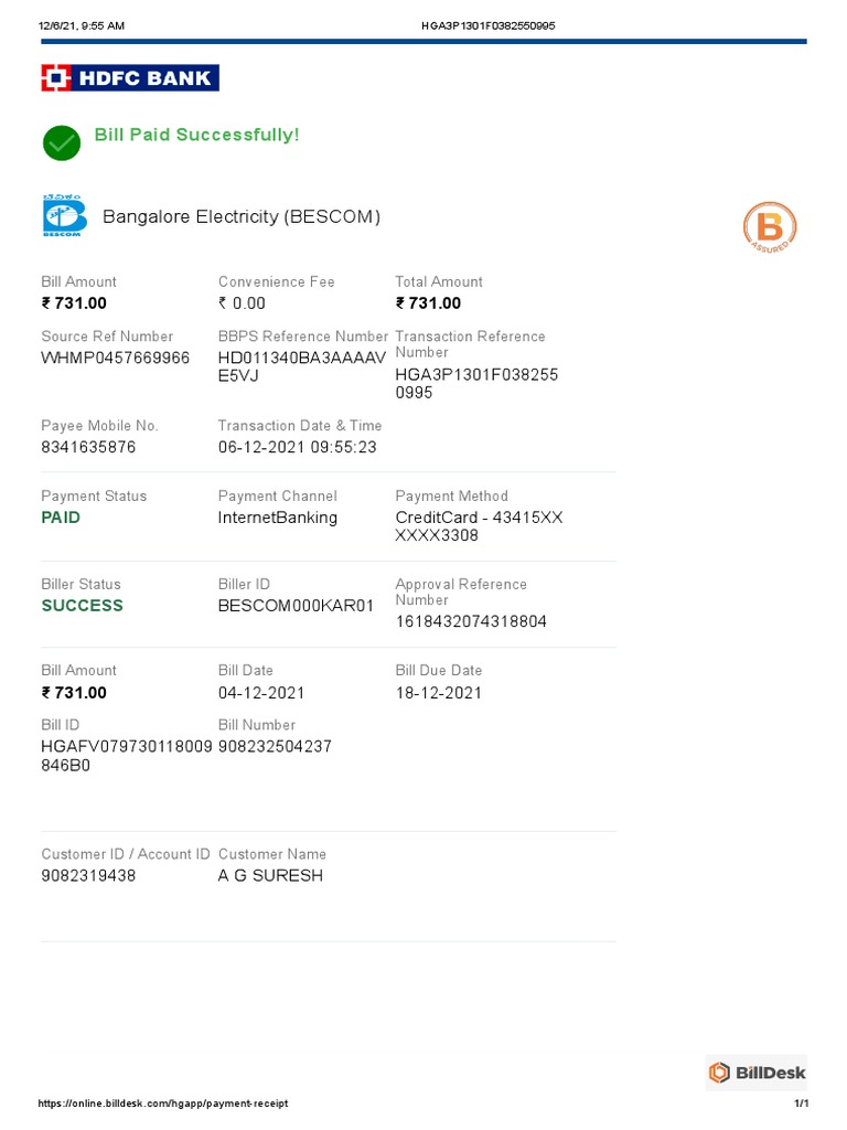 Bangalore Electricity (BESCOM) : Bill Paid Successfully! | PDF