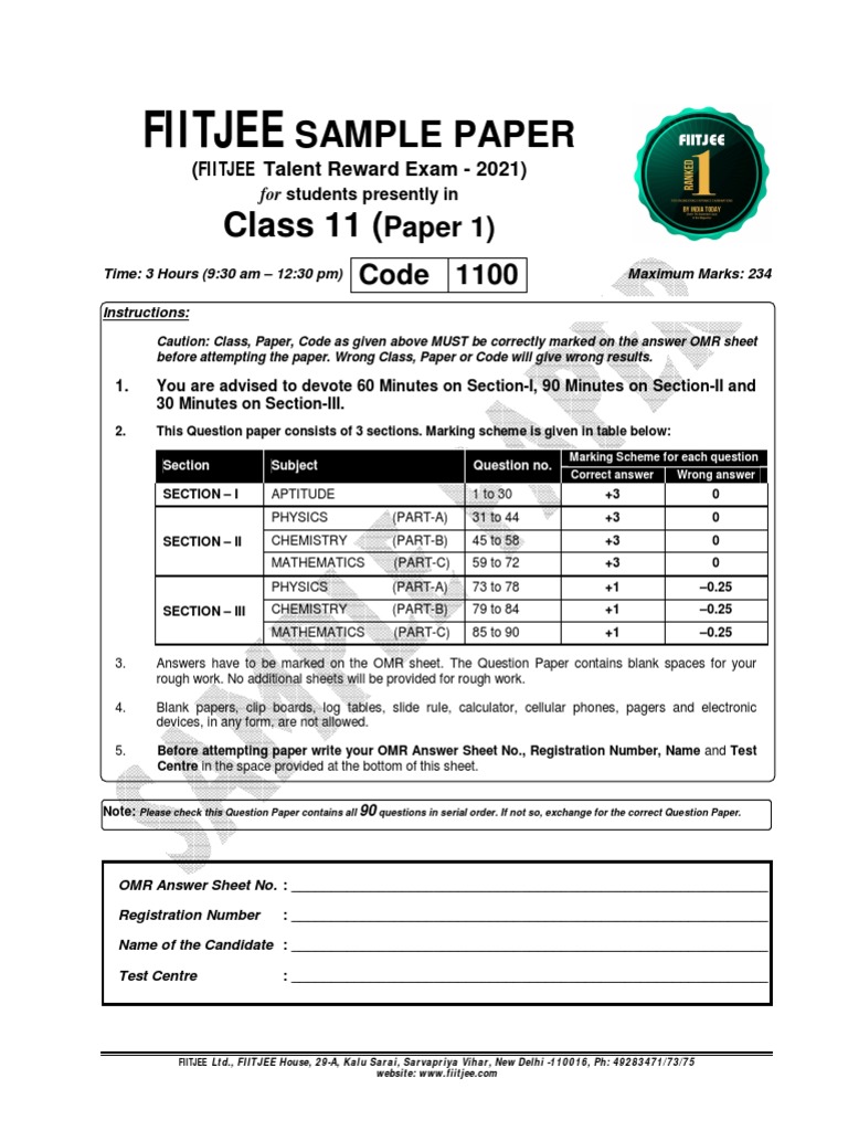 Ftre Sample Paper - CL11 | PDF | Acceleration | Mass