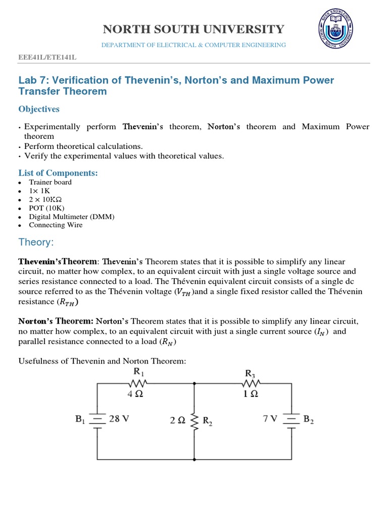 Lab 7 - Verification of Thevenin, Norton and Maximum Power Transfer Theorems | PDF | Electrical ...