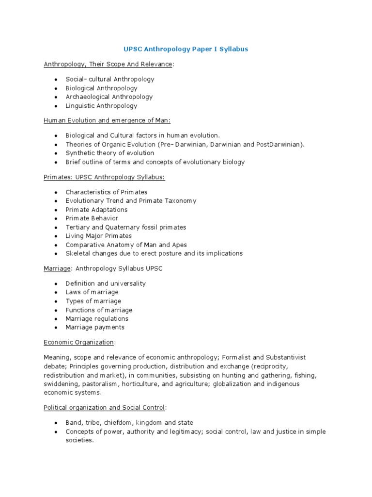 UPSC Anthropology Paper I Syllabus | PDF | Tribe | Anthropology